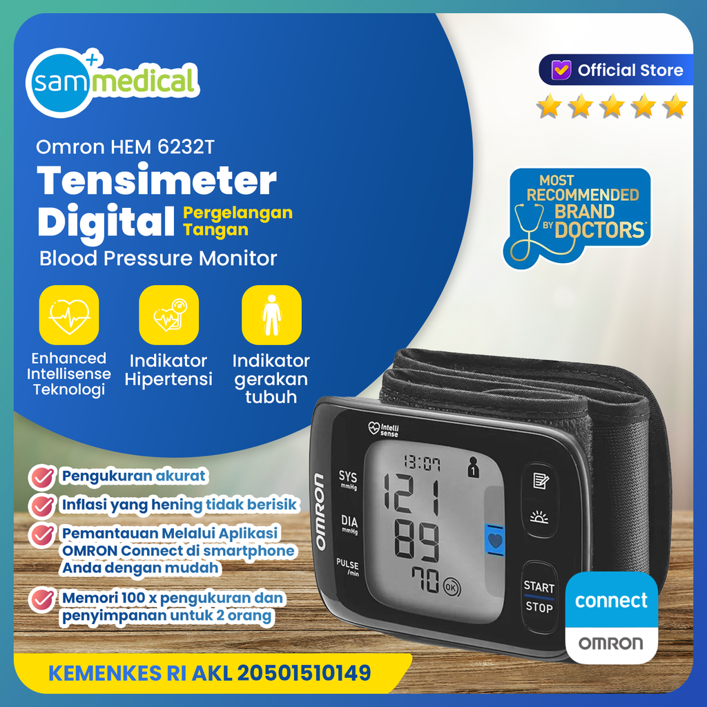 Omron BPM Tensimeter Wrist w/ Bluetooth HEM-6232T | sam medical